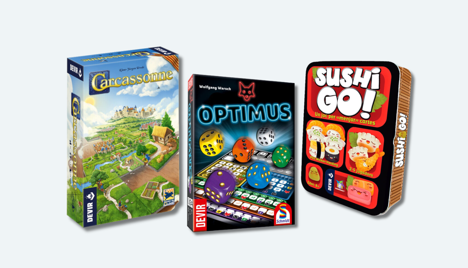 Ven a jugar a los juegos de estrategia "Carcassonne", "Sushi Go!" y "Optimus" de Devir - Abacus ...
